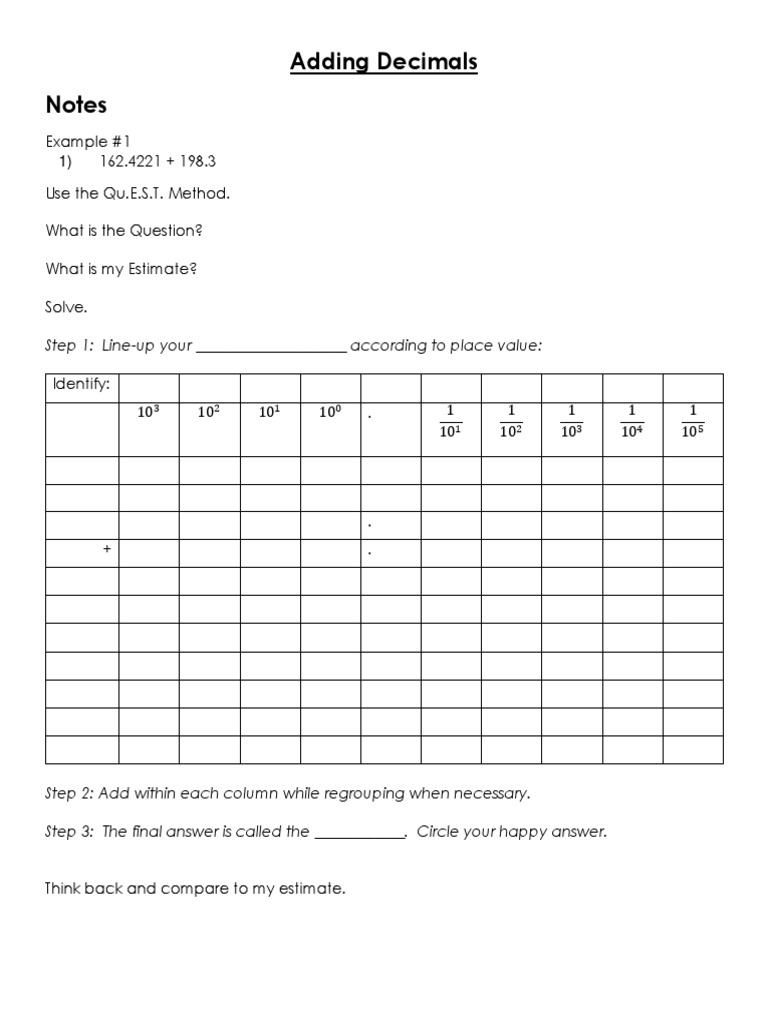 Adding Decimals Notes CW HW 2020 | PDF | Teaching Methods & Materials ...