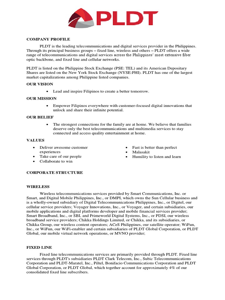 PLDT Company Profile | PDF | Telecommunication | Computer Networking