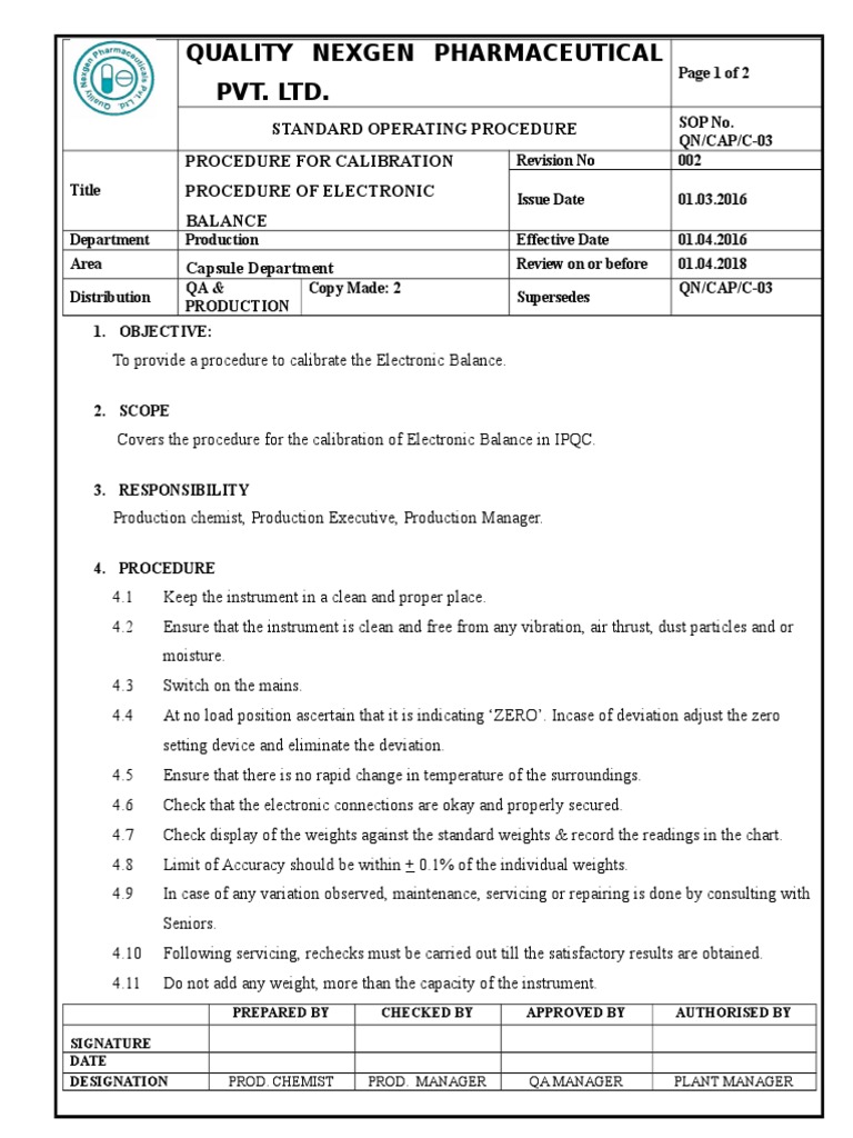 Procedure for Calibration and Maintenance of Electronic Balances | PDF ...