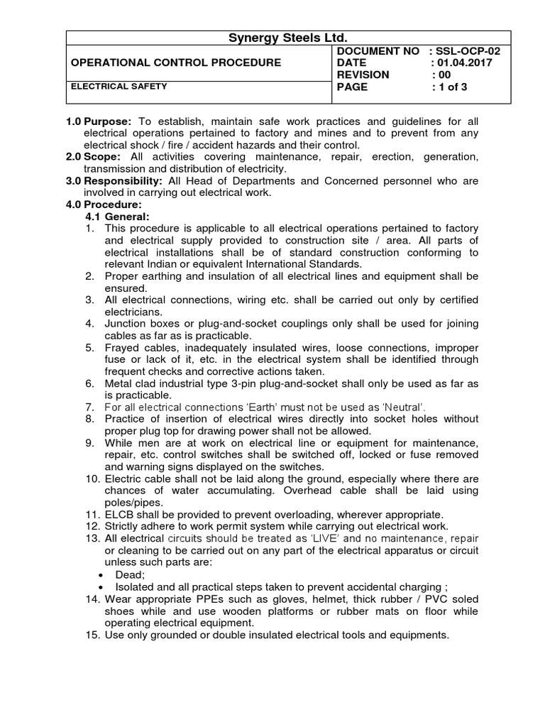 Electrical Safety Operational Control Procedure | PDF | Electrical ...