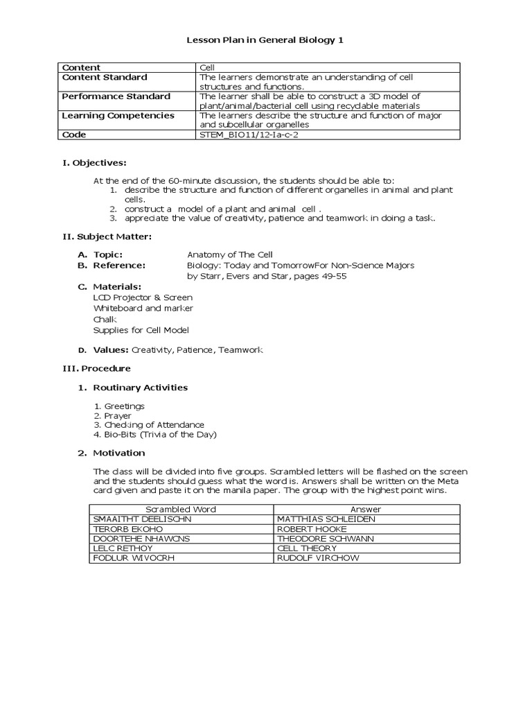 3D Cell Model Lesson Plan | PDF | Cell (Biology) | Lysosome