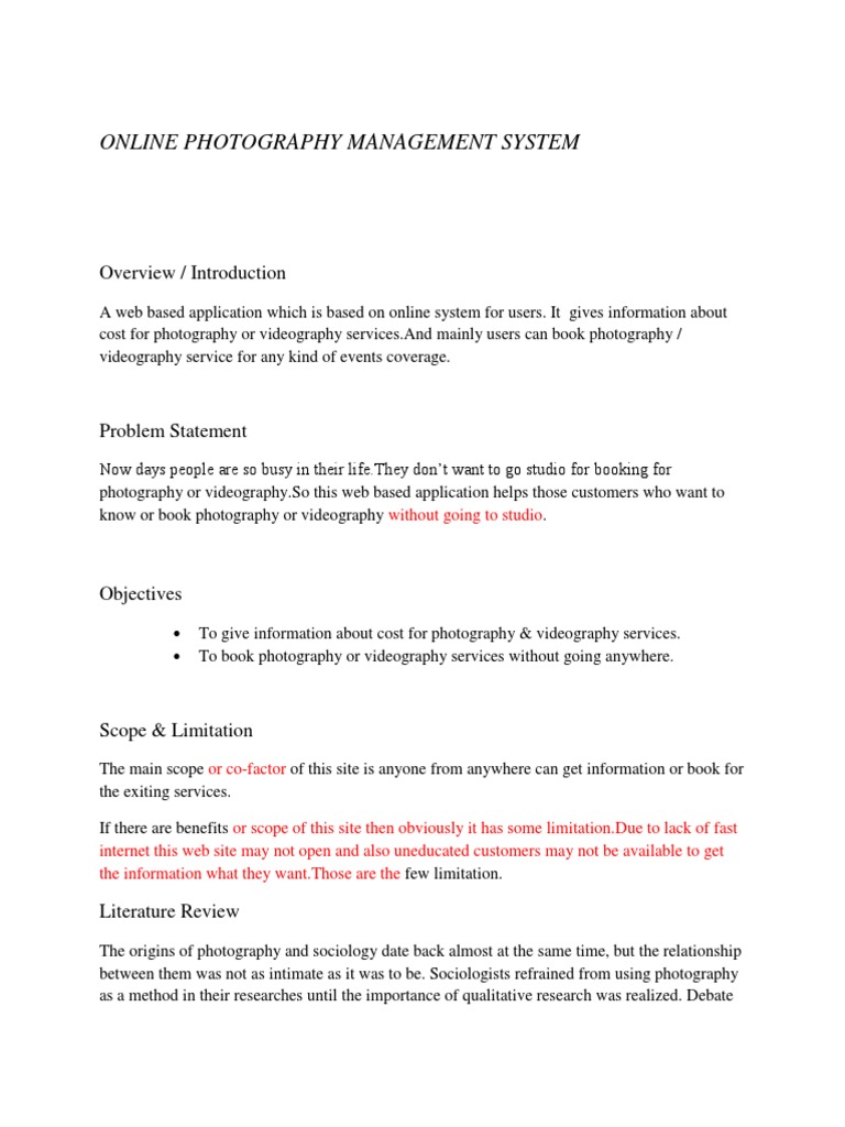 Online Photography Booking System | PDF | Sociology | Internet