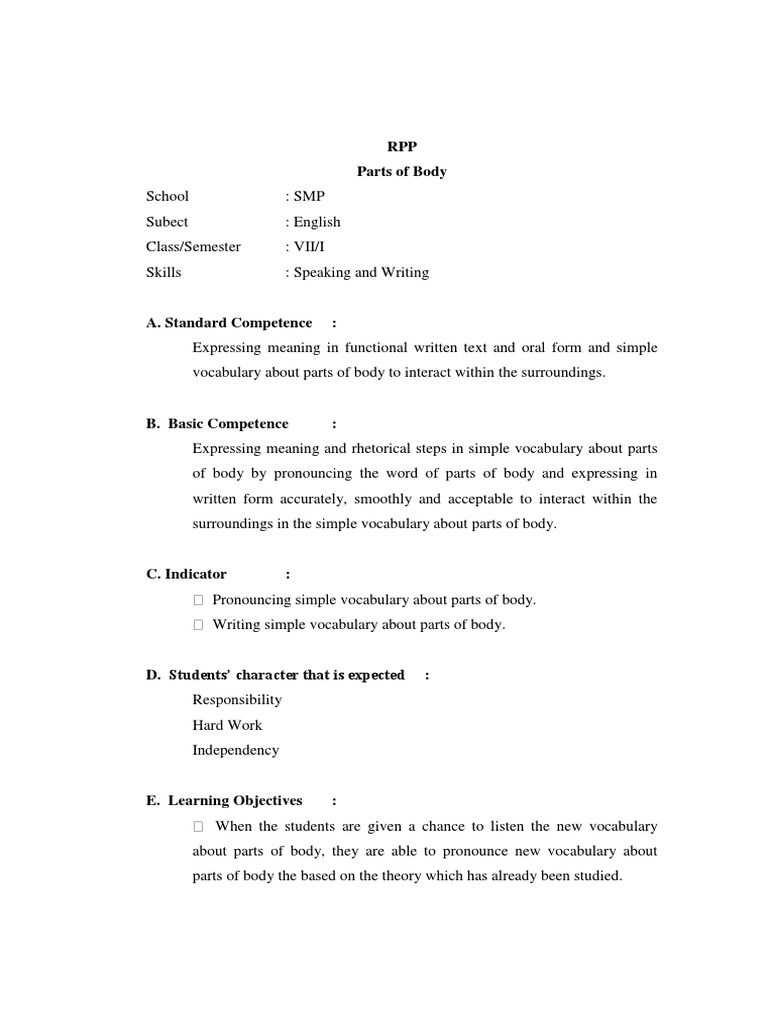 RPP Parts of Bady | PDF | Vocabulary | Learning