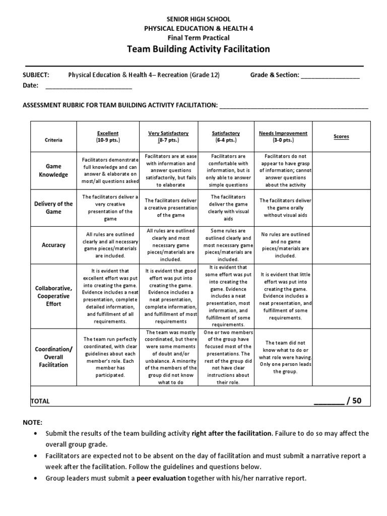 Team Building Activity Rubric | PDF | Rubric (Academic) | Physical ...