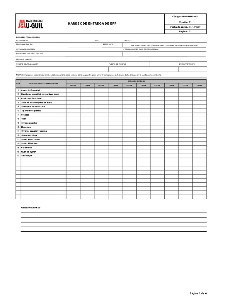 Kardex de EPP Uguil | PDF | Materiales | Salud y bienestar