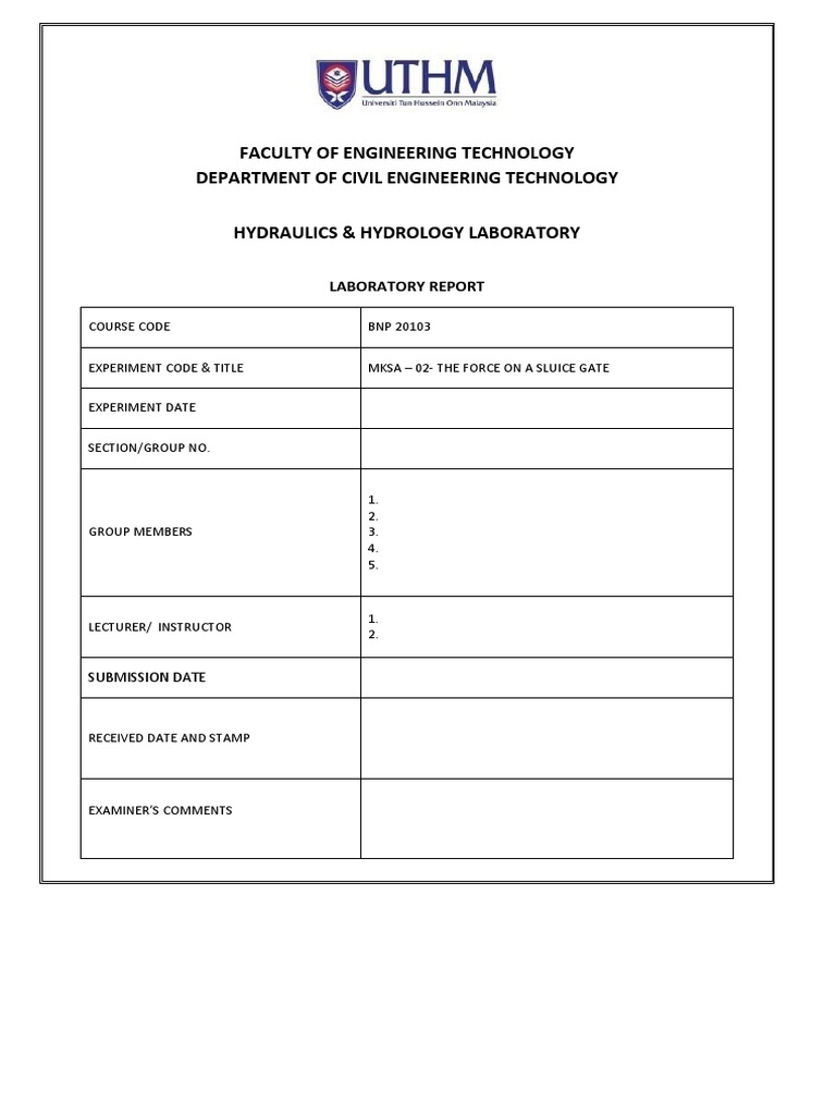 Lab Sheet All Force On A Sluice Gate | PDF | Engineering | Force