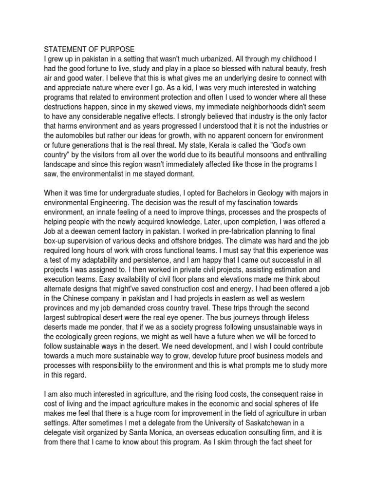 STATEMENT of PURPOSE Sustainable Environment | PDF | Sustainability ...