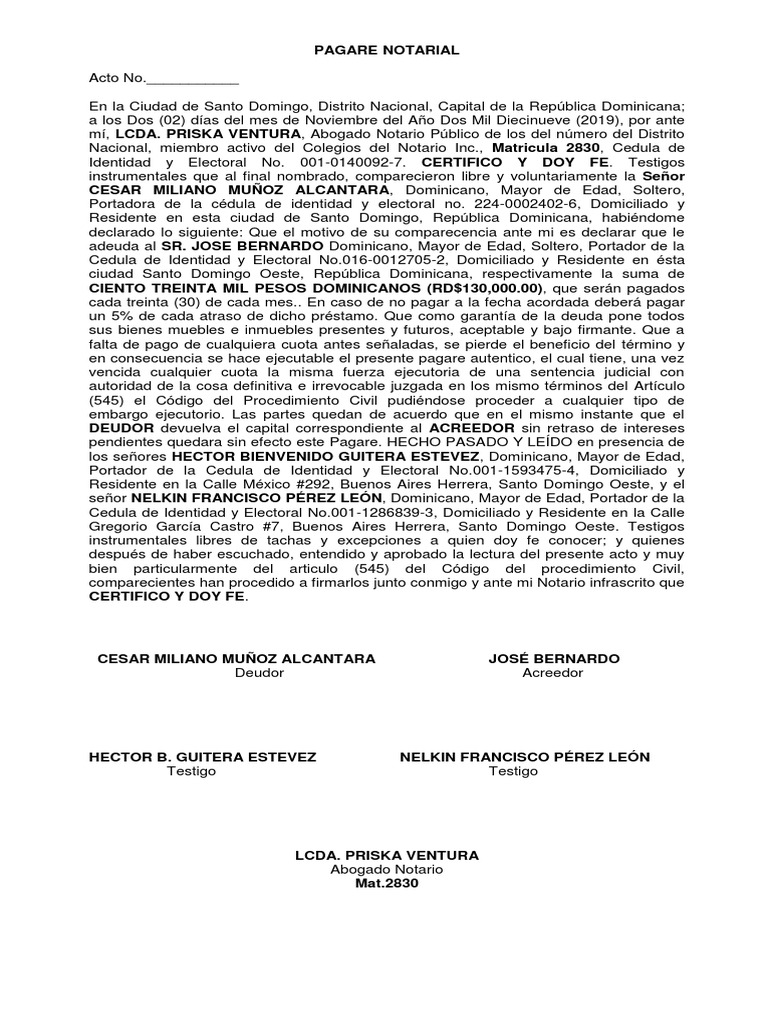 Pagare Notarial CESAR MILIANO MUÑOZ ALCANTARA | PDF | República ...
