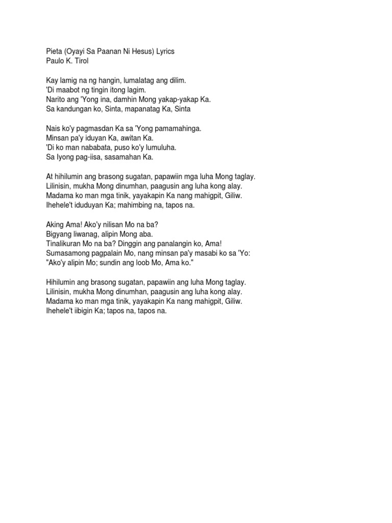 Pieta (Oyayi Sa Paanan Ni Hesus) Lyrics
