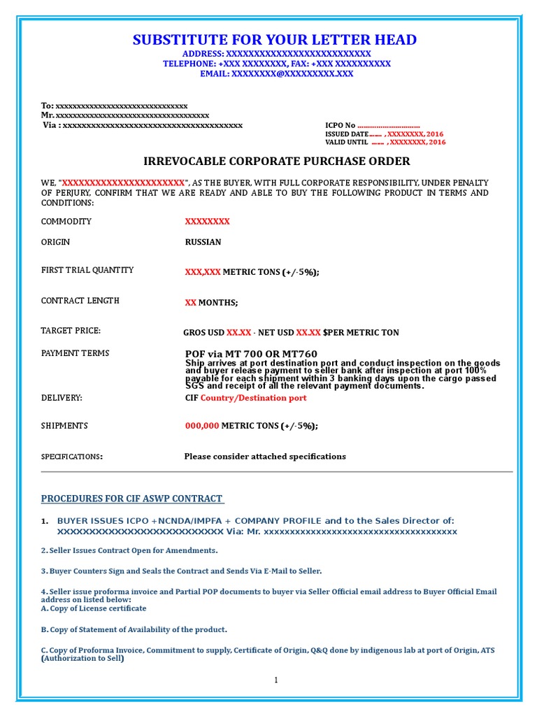 Irrevocable Corporate Purchase Order | PDF | Bill Of Lading | Invoice