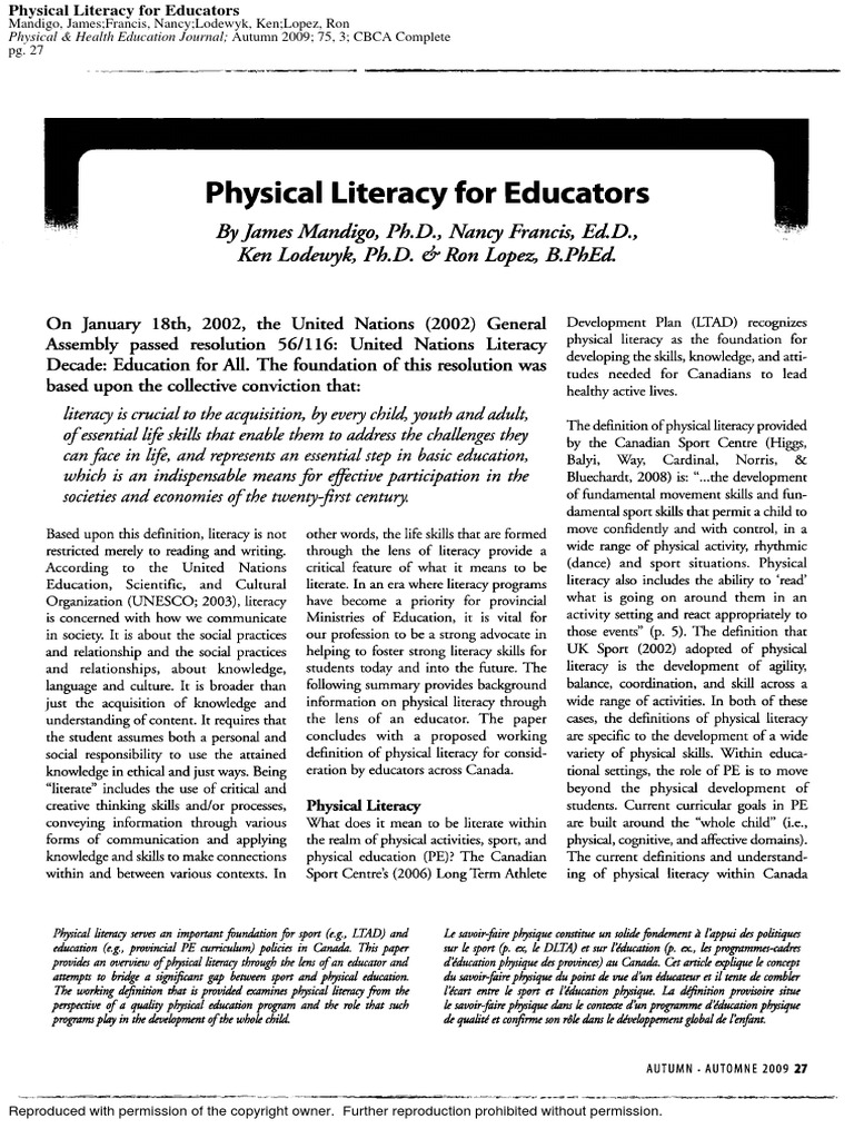 Physical Literacy For Educators - 2009 | PDF