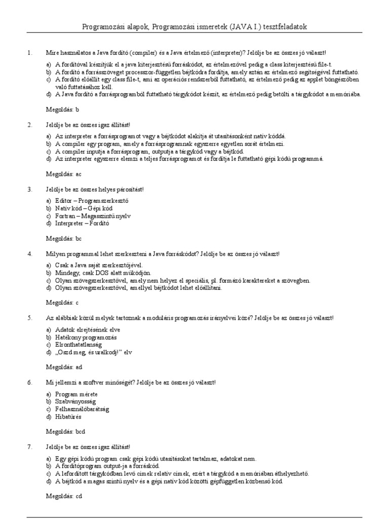 Java I. Tesztek | PDF