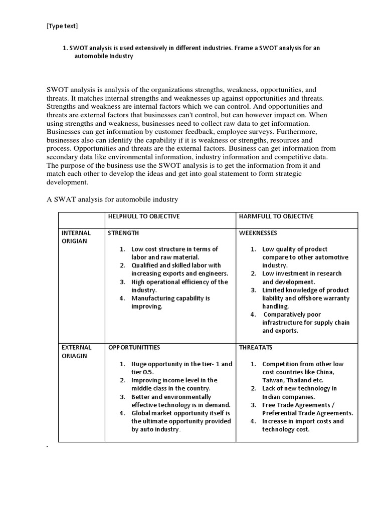 Frame a SWOT analysis for the automobile industry | PDF | Swot Analysis ...