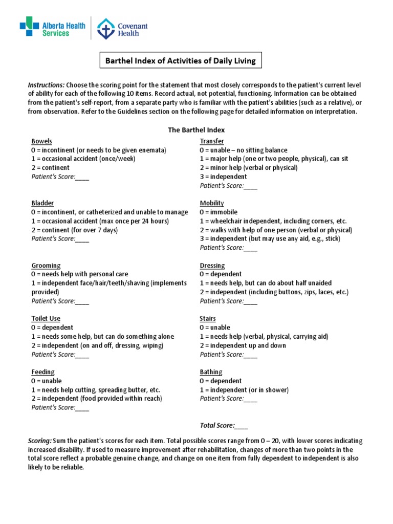 Barthel Index Scoring Guidelines | PDF | Health Care | Medicine