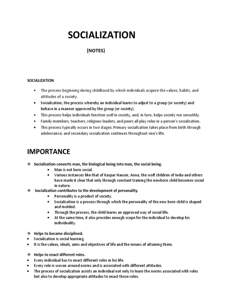 Socialization Notes: Processes, Types and Institutions | PDF ...