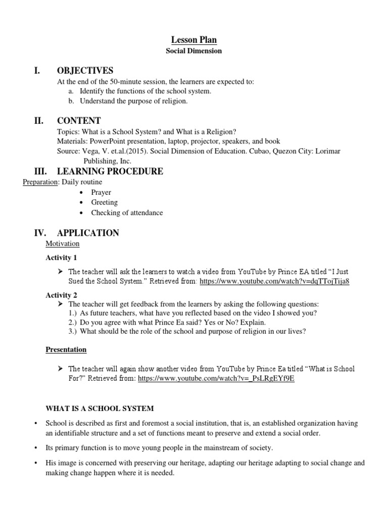 Lesson Plan For Social Dimension | PDF | Value (Ethics) | Society