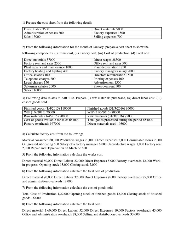 Cost Sheet Exercises | Download Free PDF | Cost Of Goods Sold | Cost Cost Sheet Exercises | Download Free PDF | Cost Of Goods Sold | Cost