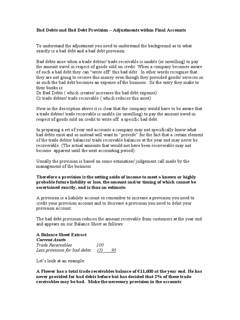 Bad Debts and Bad Debt Provision | PDF | Bad Debt | Debits And Credits