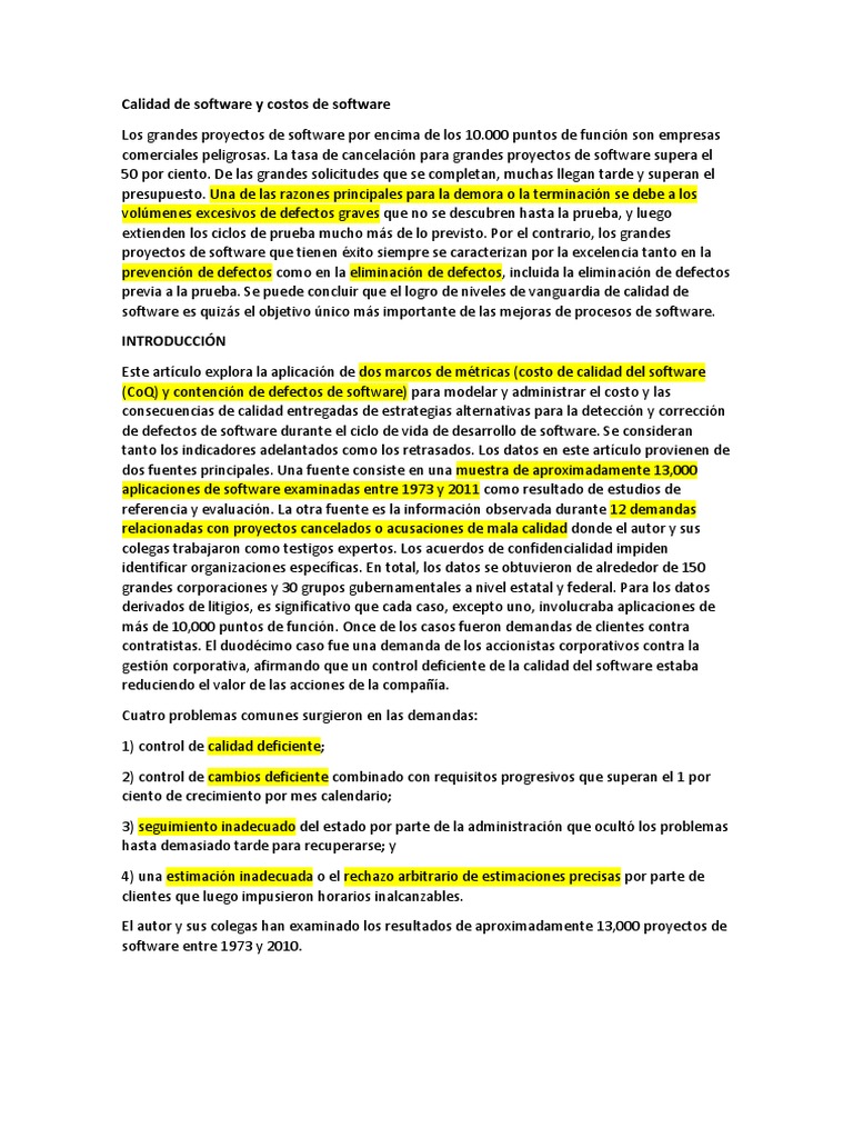 Calidad de Software y Costos de Software | PDF | Ingeniería de software ...