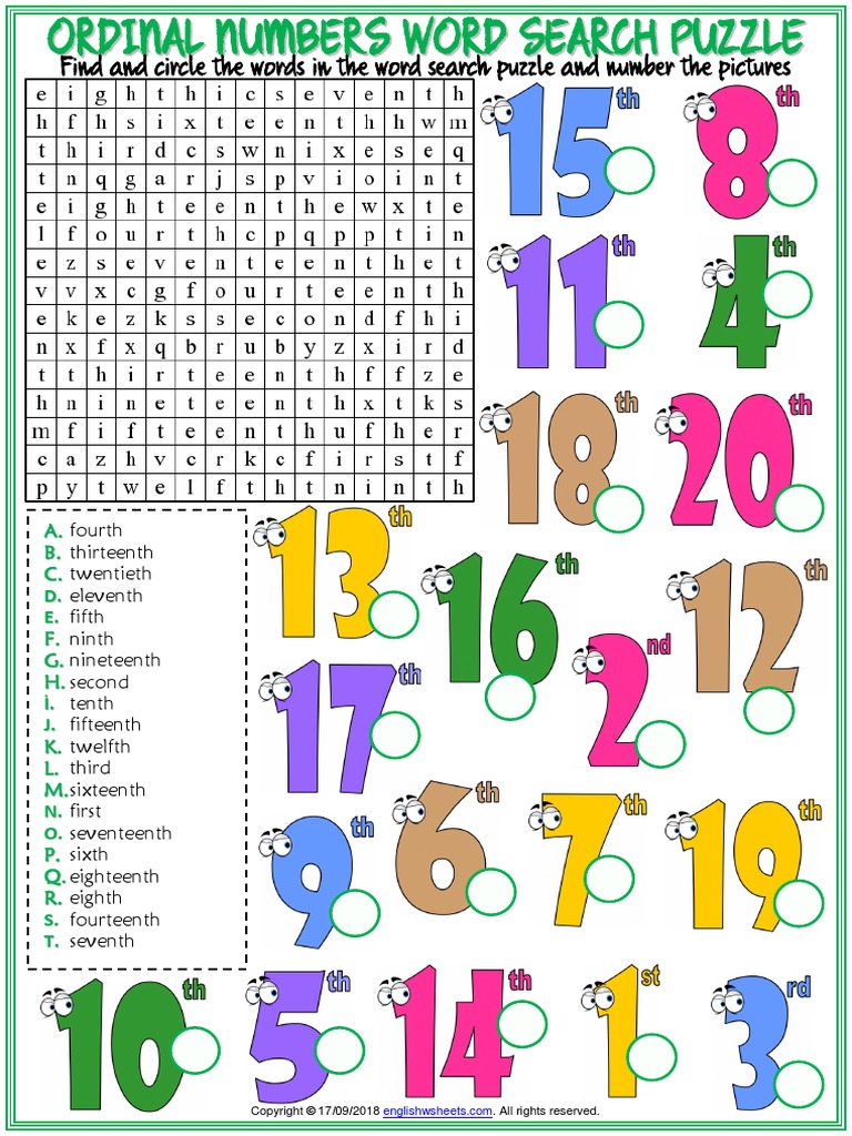 Ordinal Numbers Vocabulary Esl Word Search Puzzle Worksheet For Kids ...