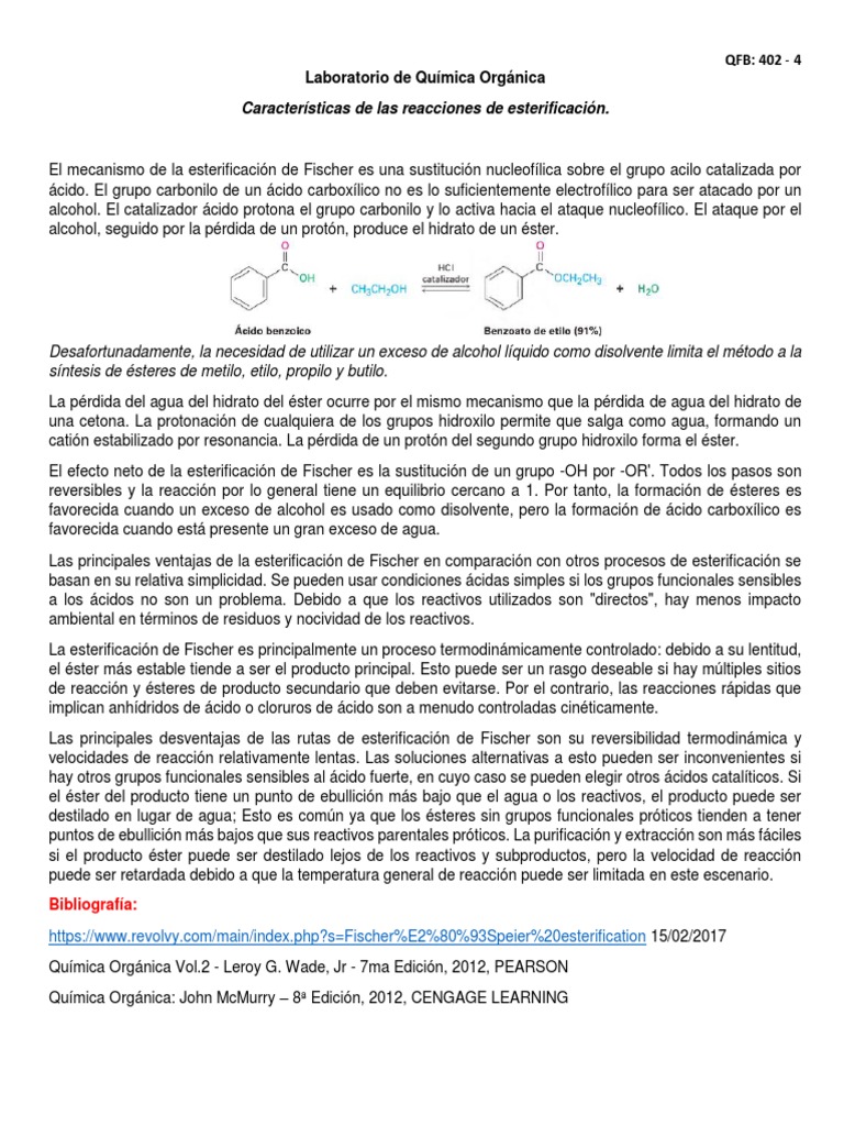 Características De Las Reacciones De Esterificación Pdf Alcohol