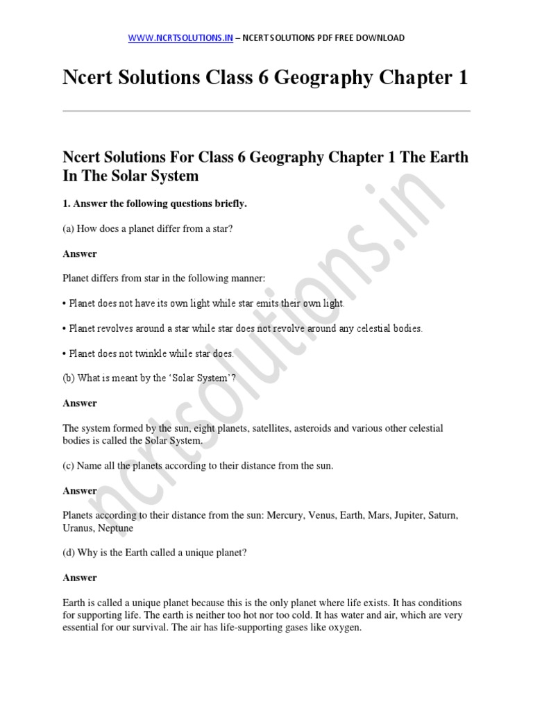 Ncert Solutions Class 6 Geography Chapter 1 PDF | PDF | Planets | Solar ...