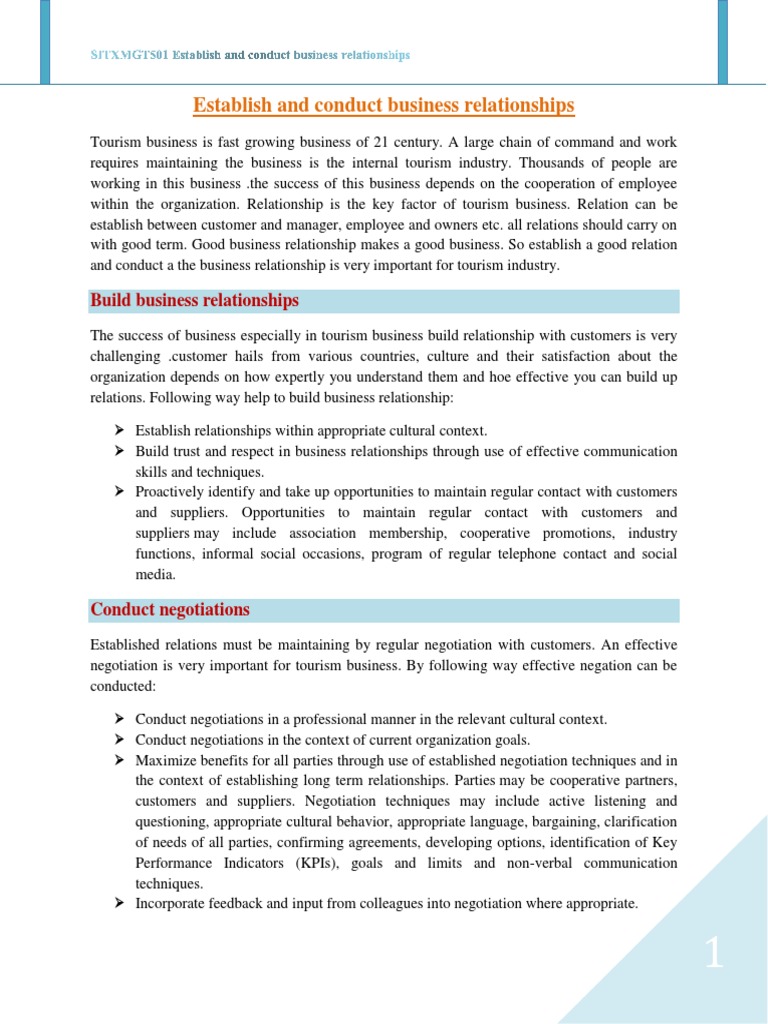 SITXMGT501 Establish and Conduct Business Relationships | PDF ...
