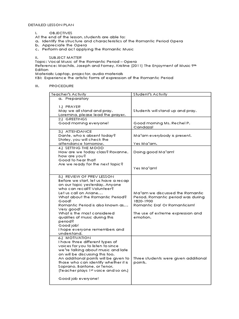 Detailed Lesson Plan | Download Free PDF | Opera | Romanticism