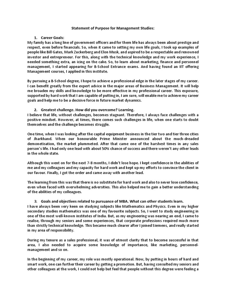 Statement of Purpose For Management Studies | Download Free PDF ...
