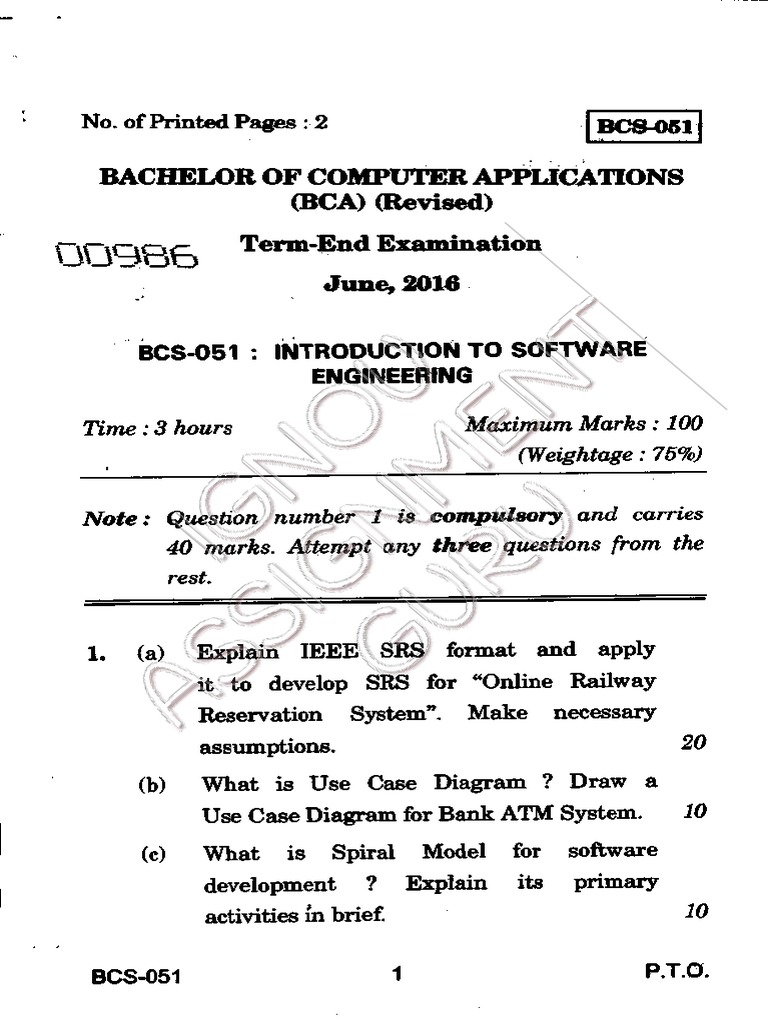 BCS-051 Software Engineering Exam Papers | PDF | Computers