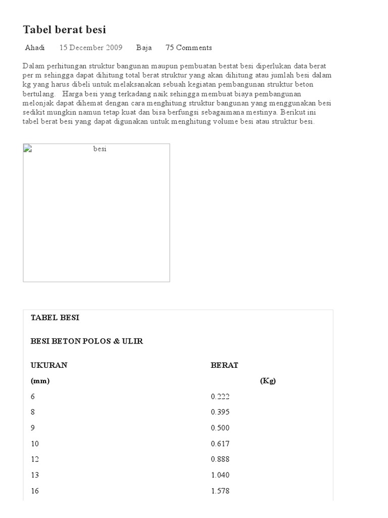 Tabel Berat Besi untuk Konstruksi | PDF