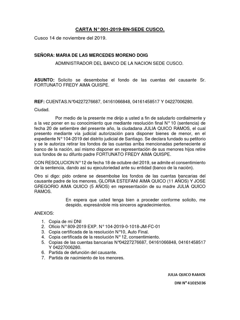 Carta Banco Nacion Julia Quico Ramos | PDF | Finanzas y dinero ...
