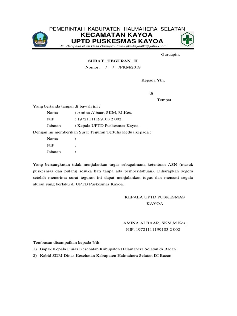 Surat Teguran Kedua UPTD Puskesmas Kayoa | PDF