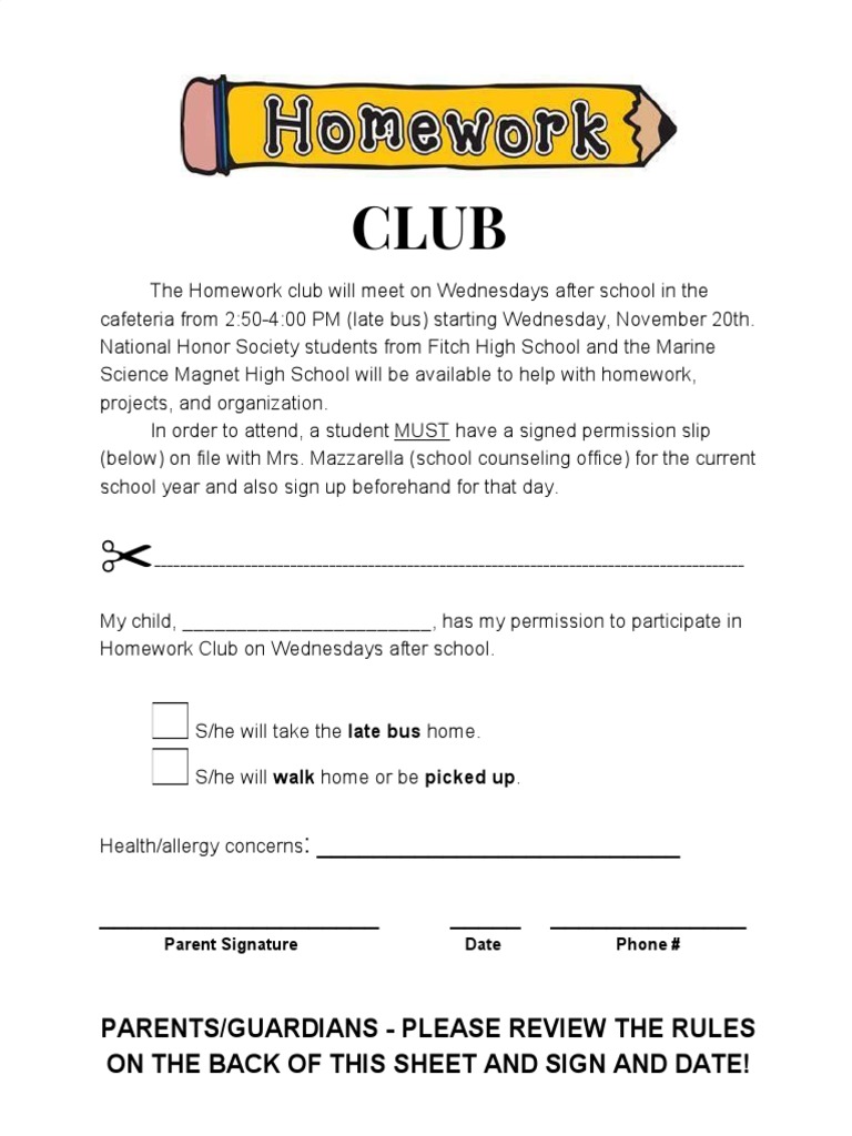 WSSMMS Homework Club Permission Slip | PDF | Homework