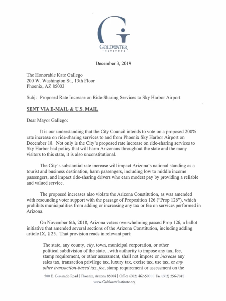 Goldwater Institute Letter On Uber Lyft Airport Fees | PDF | Arizona ...