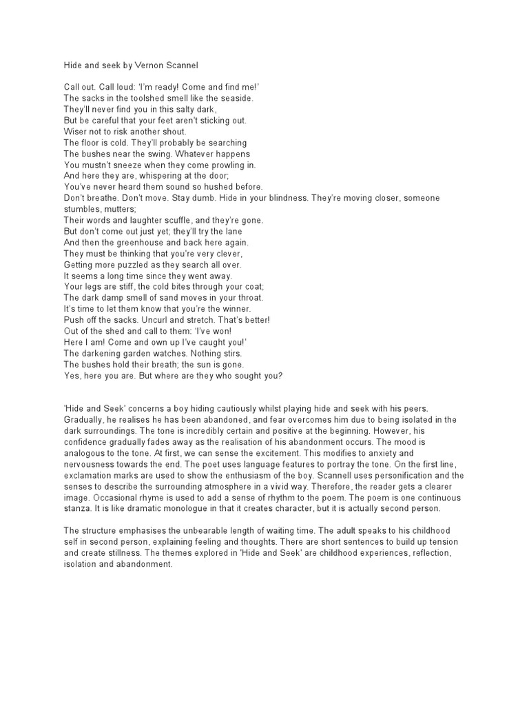Hide and Seek by Vernon Scannel | PDF | Poetry | Feeling