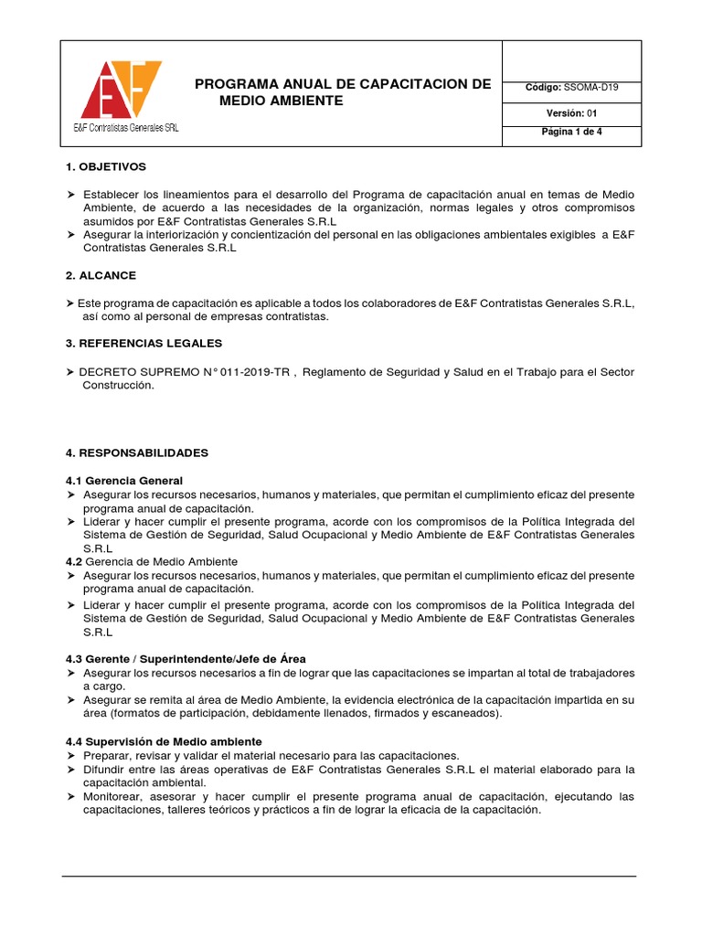 SSYMA-D03.12 Programa Anual de Capacitación de Medio Ambiente 2017 V3 | PDF | Business