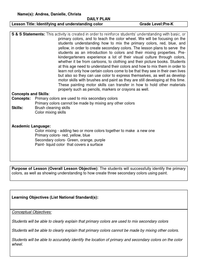 Pre-K Color Mixing Lesson Plan | PDF | Color | Lesson Plan