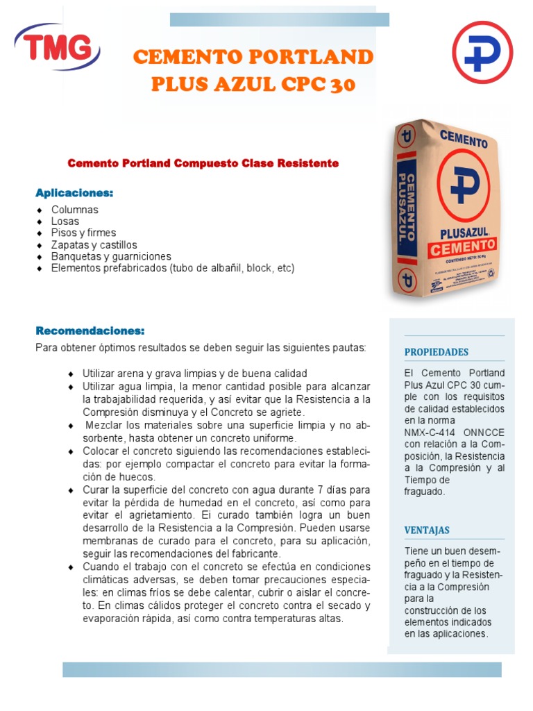 Ficha técnica de cemento plus | Hormigón | Cemento