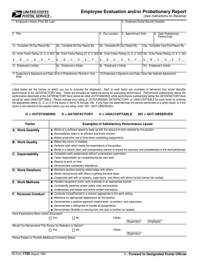 PS Form 1750, Employee Evaluation and - or Probationary Report | PDF ...