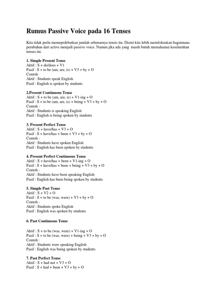 Rumus Passive Voice Pada 16 Tenses | PDF | Grammatical Tense | English ...