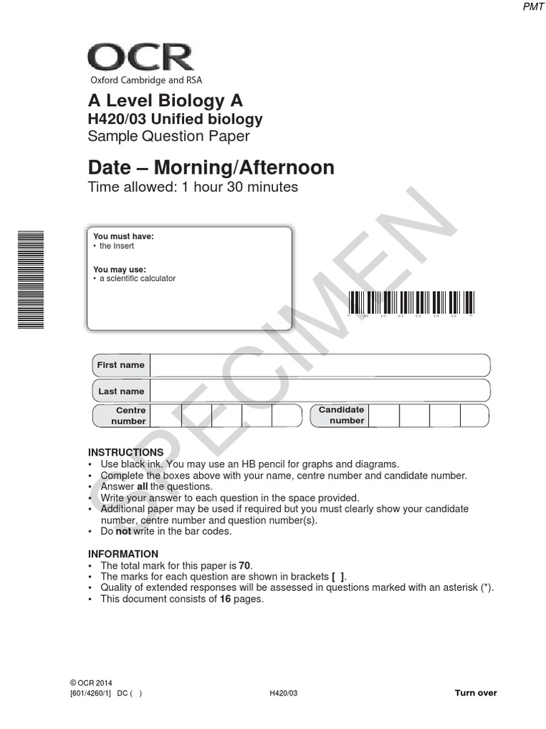 Specimen QP - Paper 3 OCR Biology (A) A-Level | PDF | Botulinum Toxin ...