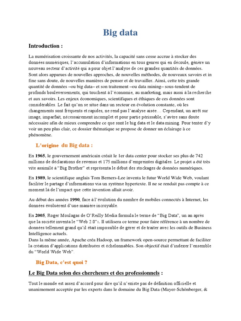 Big Data (Synthese) | Télécharger gratuitement PDF | Big data | Apache Hadoop