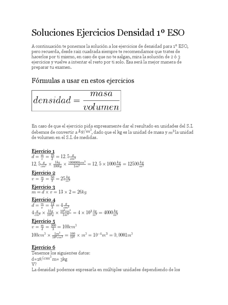 Ejercicios y Soluciones de Densidad 1º ESO | PDF | Densidad | Volumen