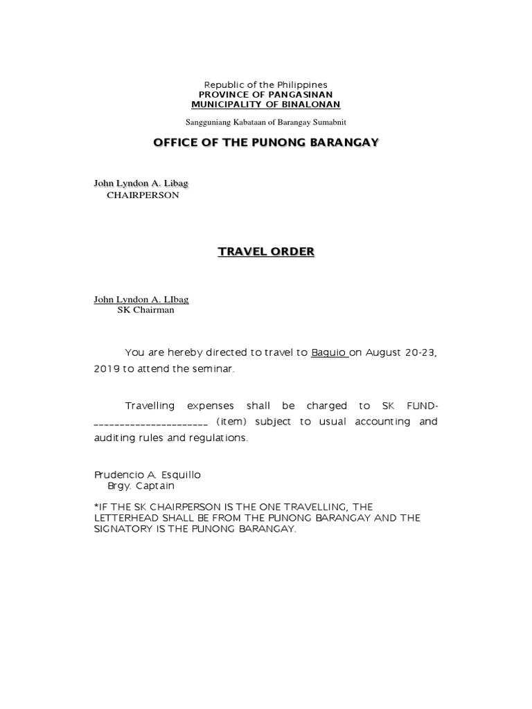 SK Travel Order and Itinerary Sample | PDF | Government | Business