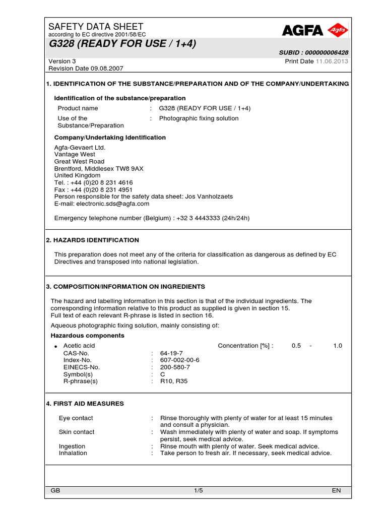 Safety Data Sheet for Photographic Fixing Solution | PDF | Toxicity | Waste