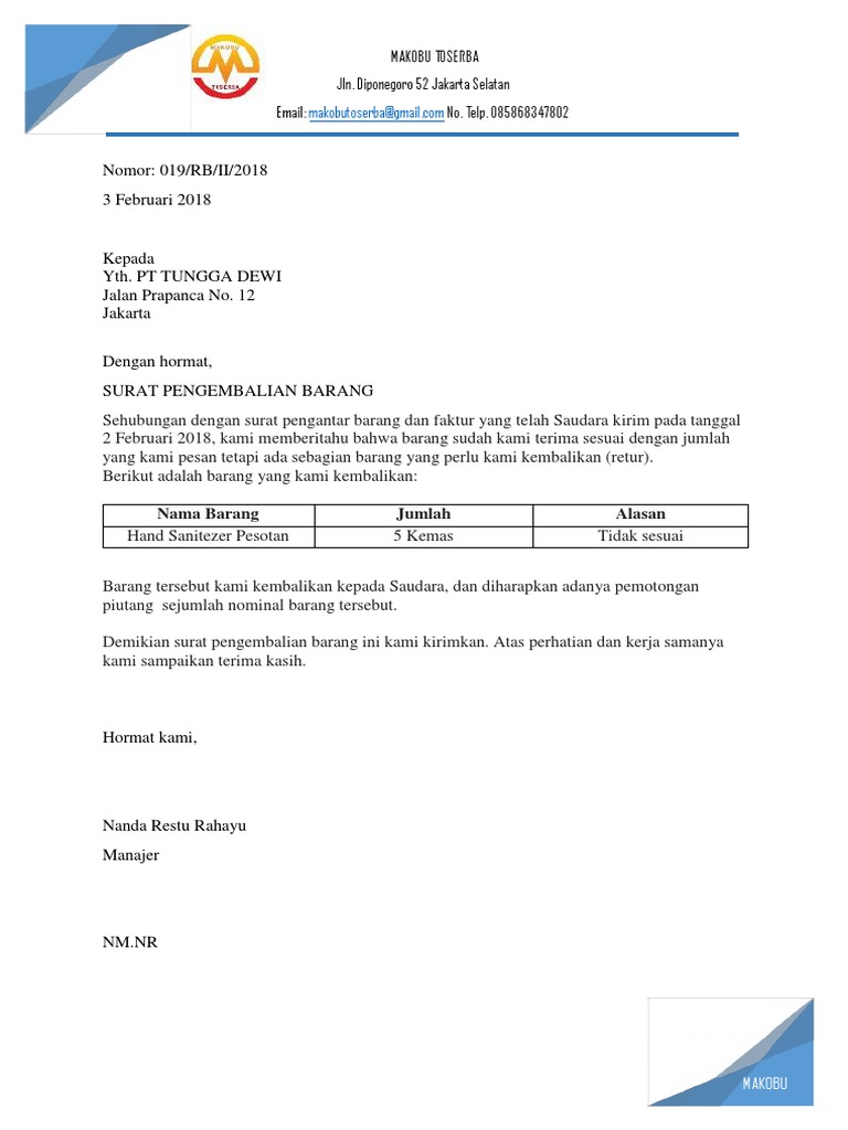 Surat Retur Barang | PDF