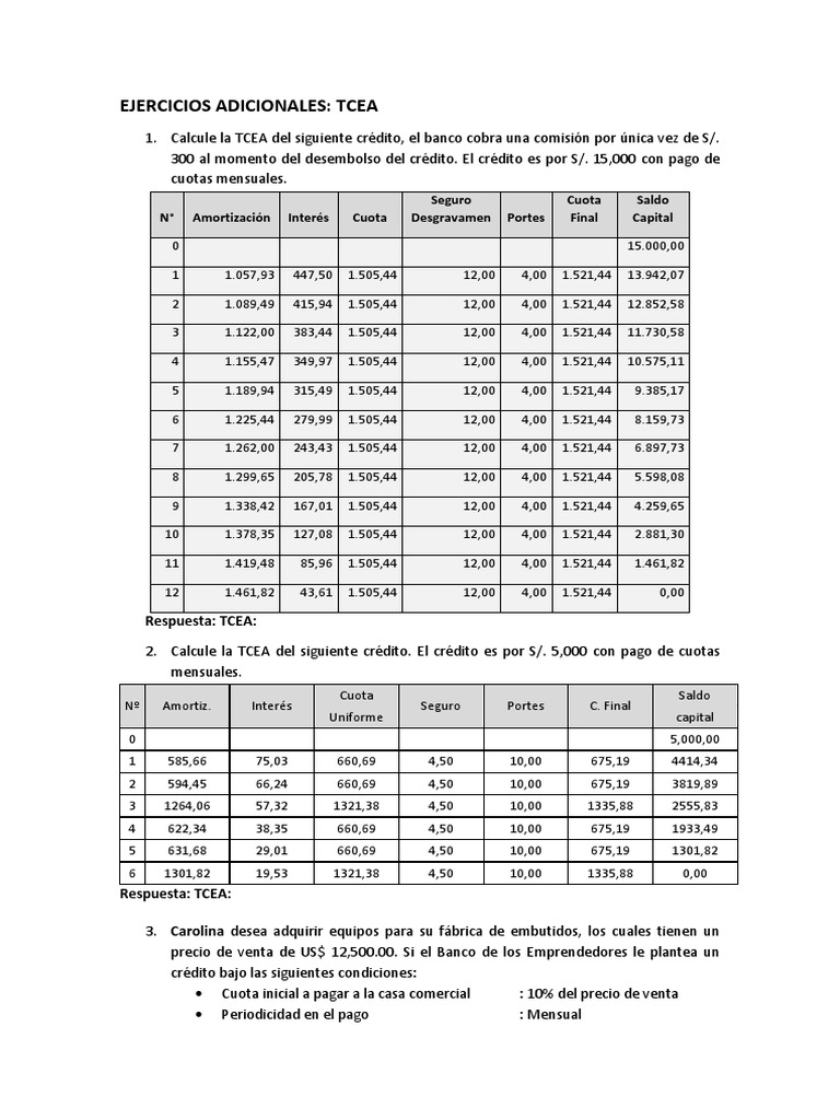 Ejercicios Adicionales Tcea 2019 2 Aula Virtual | PDF | Hipoteca Comercial | Finanzas y dinero