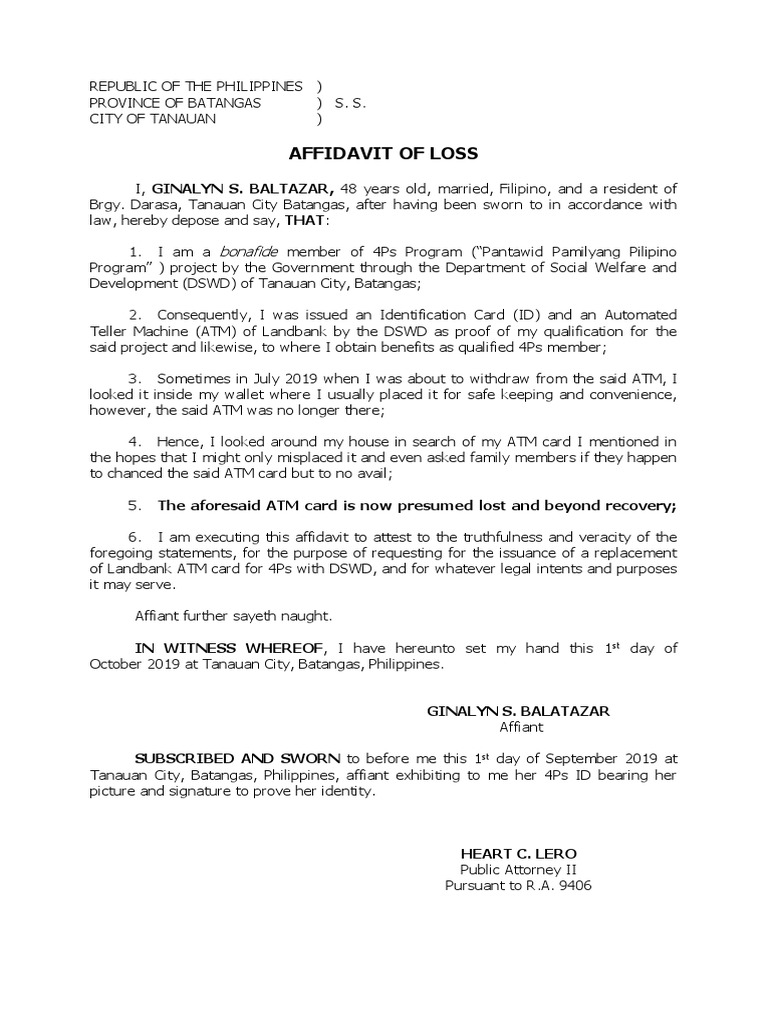 Affidavit of Loss for 4Ps ATM Card | PDF