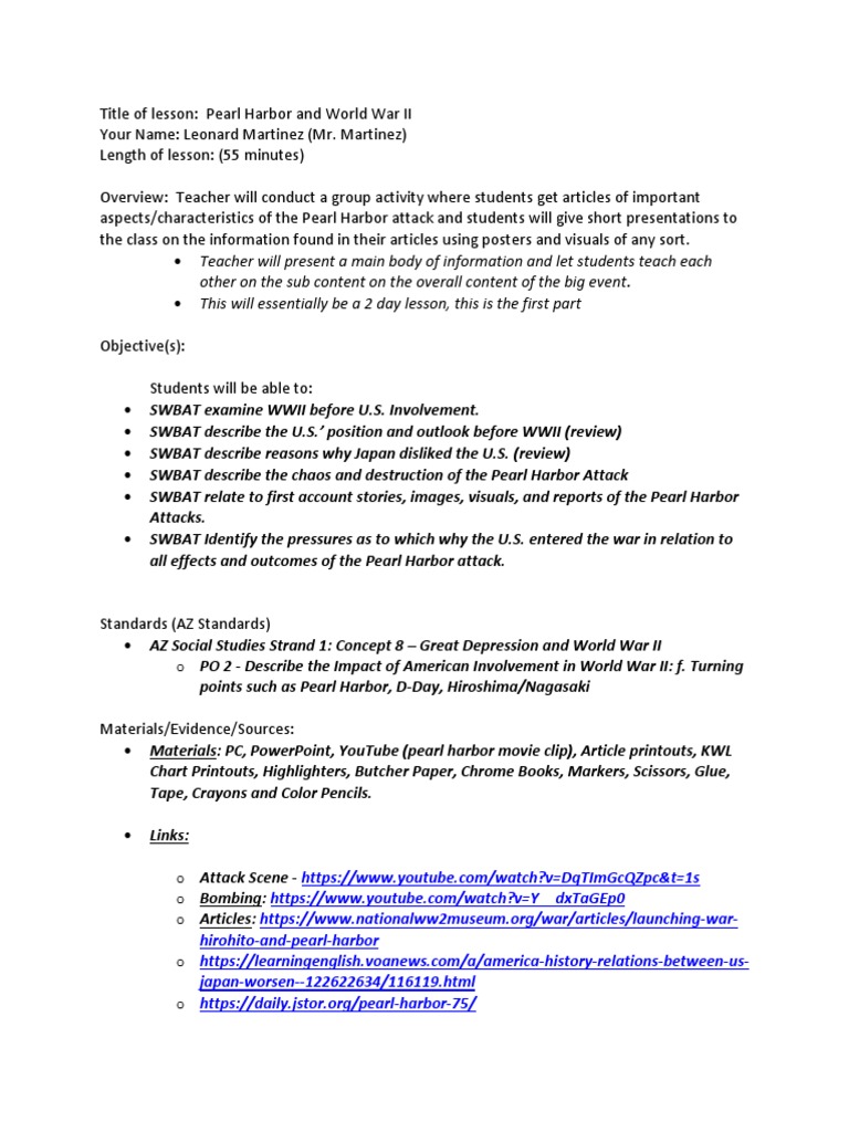 Pearl Harbor Lesson Plan for Students | PDF | International Relations ...